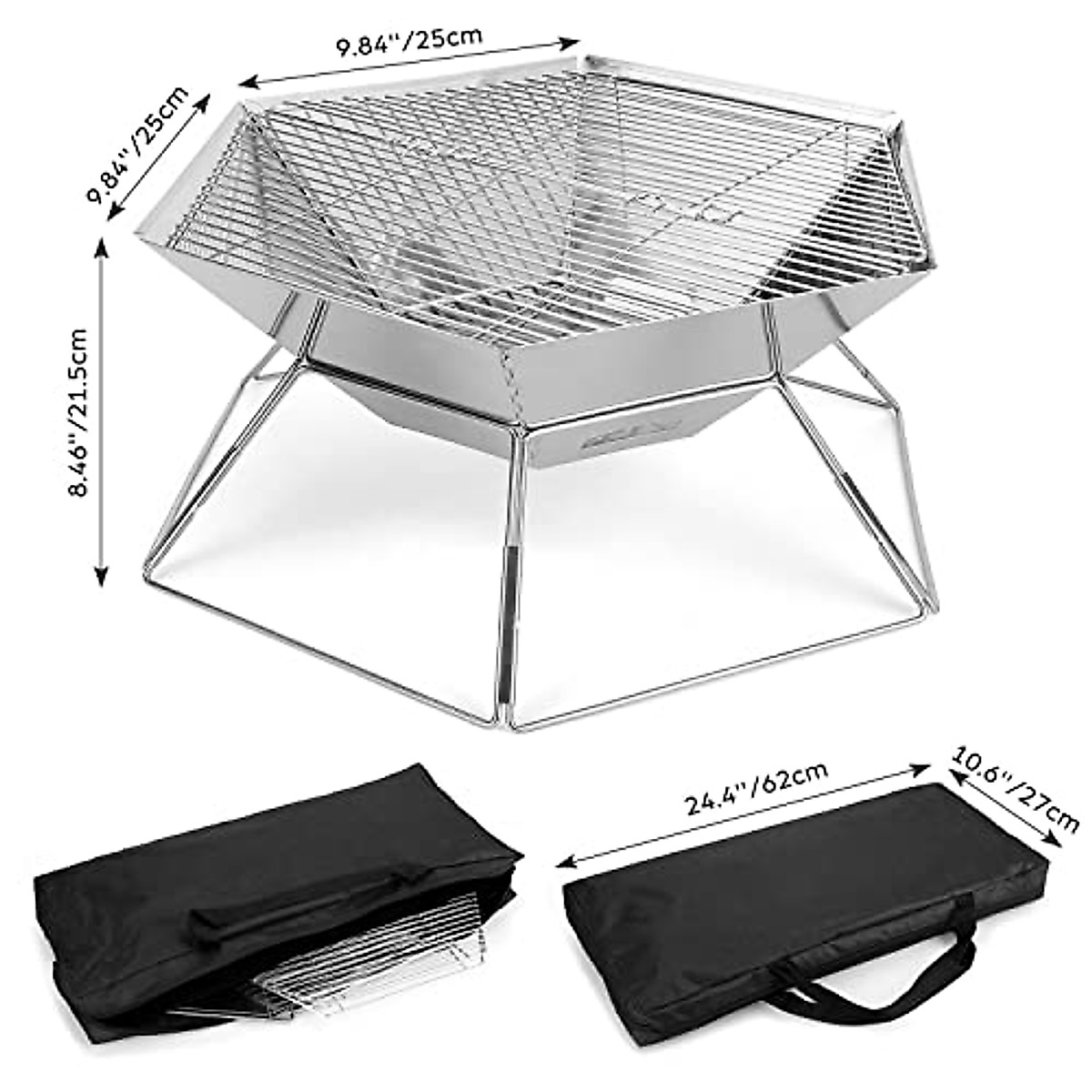 Odoland Collapsible Campfire Grill Camping Fire Pit, 304 Stainless Steel Grill Gate, Heavy Duty Portable Camping Grill Stove with Carrying Bag for Backpacking Hiking Picnic BBQ, Hexagon