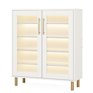 Tribesigns Shoe Cabinet with Acrylic Doors and LED Light, 24 Pairs Entryway Shoe Organizer Storage Rack with 5-Tier Adjustable Shelves for Narrow Closet, Hallway, Living Room (White & Gold)