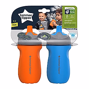 Tommee Tippee Insulated Sportee Water Bottle for Toddlers, Spill-Proof, Playful and Colorful Designs, Easy to Hold Handle, 9oz, 12m+, Pack of 2, Blue and Orange