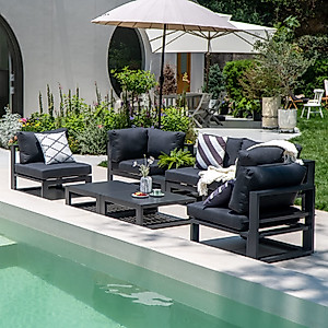 LebenLiebe 6 Pieces Outdoor Modular Sectional Set Aluminum Patio Conversation Sofa Sets with Armless Sofas, Square Coffee Table, Dark Grey Cushions