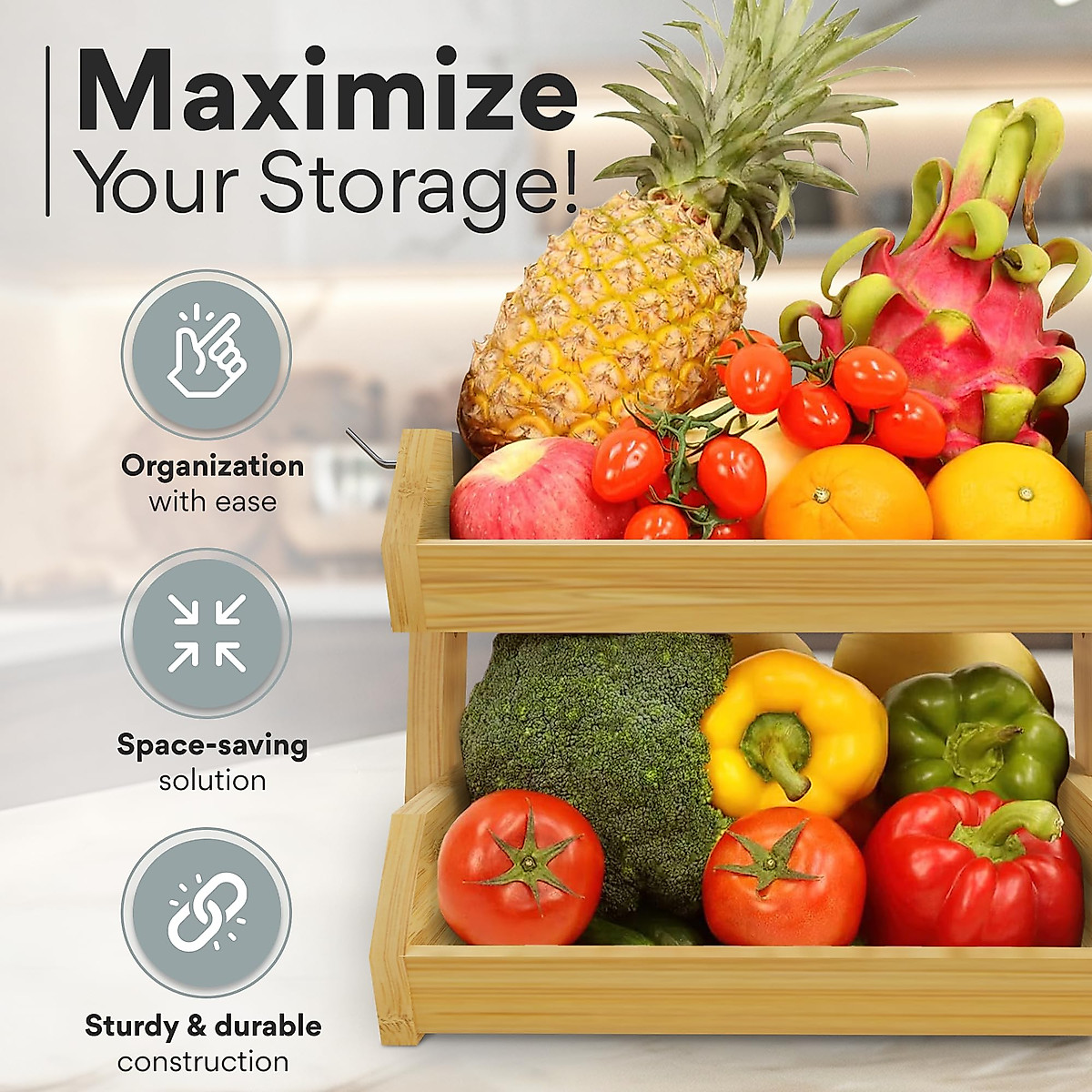 GET SORTED Bamboo 2 Tier Fruit & Vegetable Basket with Banana Hook for Kitchen Counter - Two Tier Countertop Design Perfect For Fruit, Vegetables, Snacks and More!