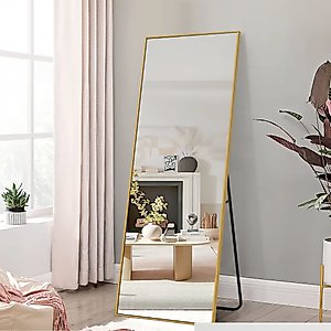 NeuType Full Length Mirror Dressing Mirror 64"x21" Large Rectangle Bedroom Floor Standing Mirror Wall-Mounted Mirror Standing Hanging or Leaning Against Wall Aluminum Alloy Thin Frame (Gold)