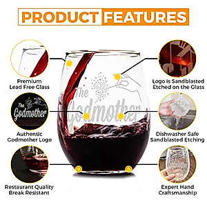 The Godmother Etched Stemless Wine Glass - Premium Quality, Handcrafted Glassware, 15 oz., Collectible Gift Item for Godparents, Birthdays, & Special Occasions