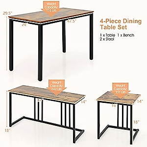Giantex 4 Piece Dining Table Set, Kitchen Table and Chairs for 4, Nesting Furniture Set w/Bench & 2 Stools, Space-Saving Table Set, Modern Desk Set for Dining Room Restaurant