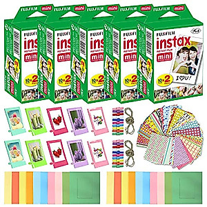 Fujifilm Instax Mini Instant Film (5 Pack, 100 Sheets) 10 Plastic Desk Frames + 20 Paper Frames Plus 60 Sticker Frames