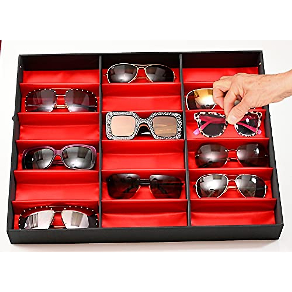 Home-X 18-Slot Standing Glasses Organizer, Glasses Holder, Commercial Sunglasses and Eyewear Display, Collectables Storage Box, Travel Display Case, 18 ¾" L x 15" W x 2 ¼" H, Red