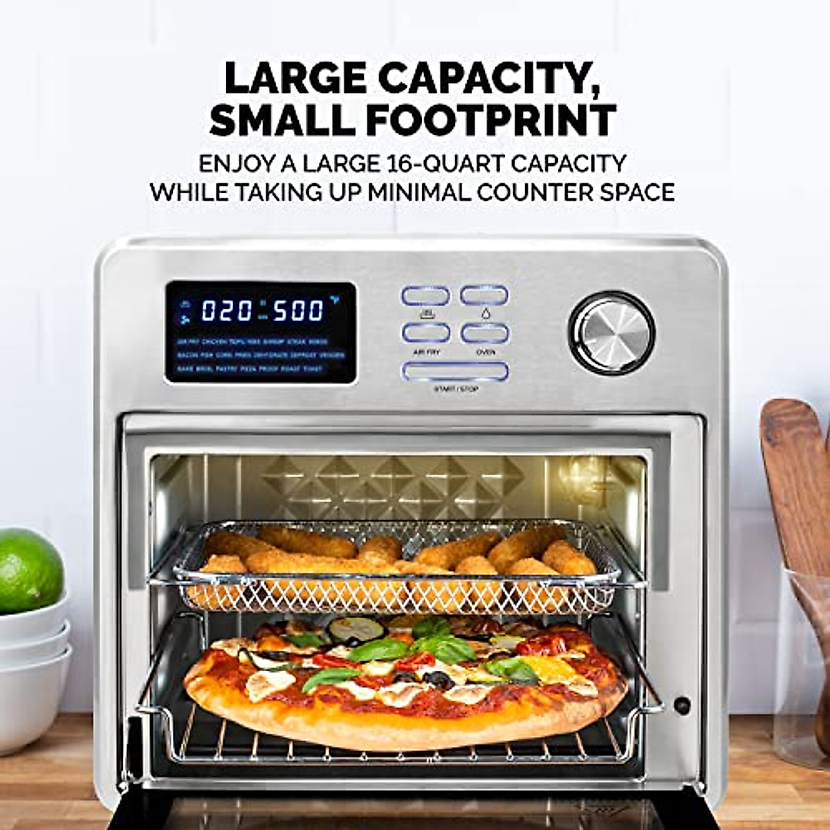 Kalorik MAXX® 16 Quart Digital Air Fryer Oven, Easy to Use, 9-in-1 Versatility - Air fryer, Bake, Braise, Broil, Dehydrate, Grill, Roast, Sear, and Toast, 21 Smart Presets, 5 Accessories, Bonus Cookbook, 500°F, 1600W, Stainless Steel