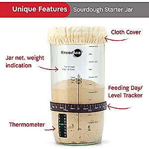 KneadAce Sourdough Starter Jar With Date Marked Feeding Band, Thermometer, Sourdough Jar Scraper, Sourdough Container Sewn Cloth Cover & Metal Lid, Sourdough Starter Kit For Sourdough Bread Baking