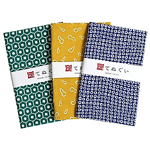KOMESICHI irodori Japanese Traditional Towel Tenugui Japan Pattern B with Fray Prevention Processing Set of 3 with Tenugui Iroha (English Manual)