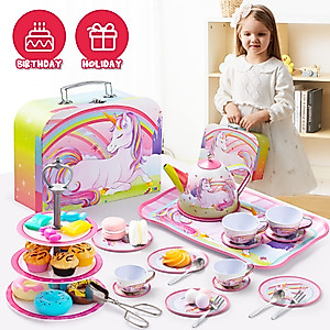 JOYIN 35Pcs Unicorn Tea Party Set for Little Girls, Pretend Tin Teapot Set, Princess Tea Time Play Kitchen Toy with Dessert, Doughnut, Carrying Case for Birthday Easter Gifts Kids Toddlers Age 3 4 5 6
