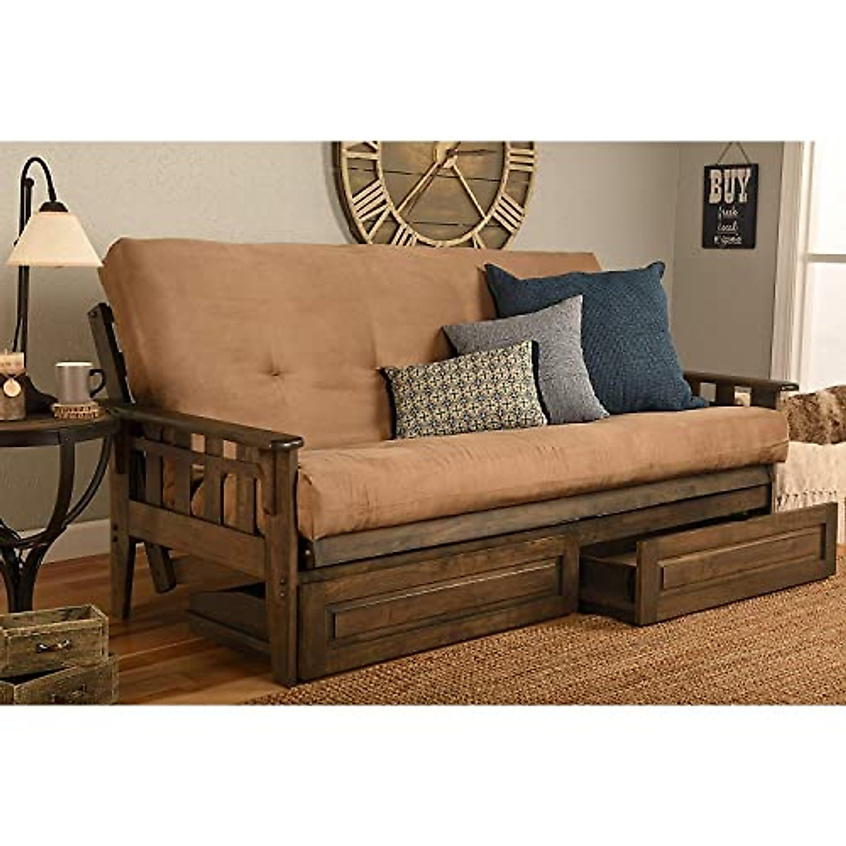 HomeStock Rococo Romance Futon Frame-Rustic Walnut Finish-Suede Peat Mattress-Storage Drawers