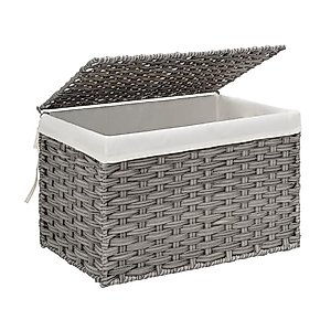 StorageWorks Wicker Storage Basket with Lid, 65L Square Wicker Baskets with lids and Removable Liner, Wicker Storage Trunk, Wicker Basket with Lid for Bedroom, Closet, Bathroom - Grey