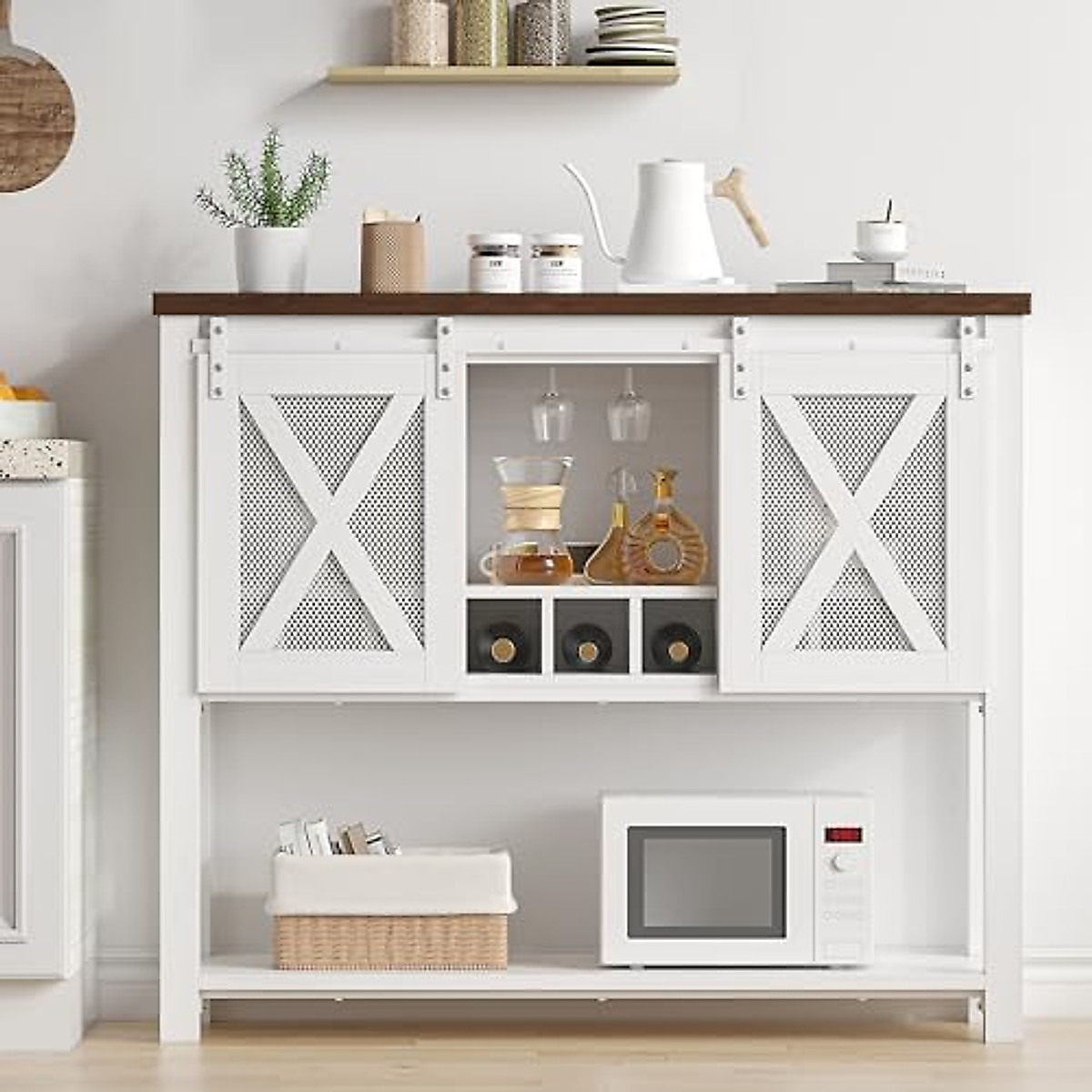 IDEALHOUSE Coffee Bar Cabinet, Sideboard Buffet Storage Cabinet with Storage, Farmhouse Wine Bar Cabinet with Wine Glass Rack, Liquor Cabinet Bar for Home, Kitchen, Dining, Living Room, White