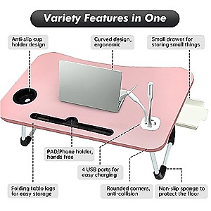 Royacon Laptop Bed Desk, Folding Lap Desk with Cup Holder, Portable Laptop Stand for Bed Laptop Desk Bed Table Tray with Drawer for Working Reading Writing, Eating Table for Bed Sofa Couch Floor