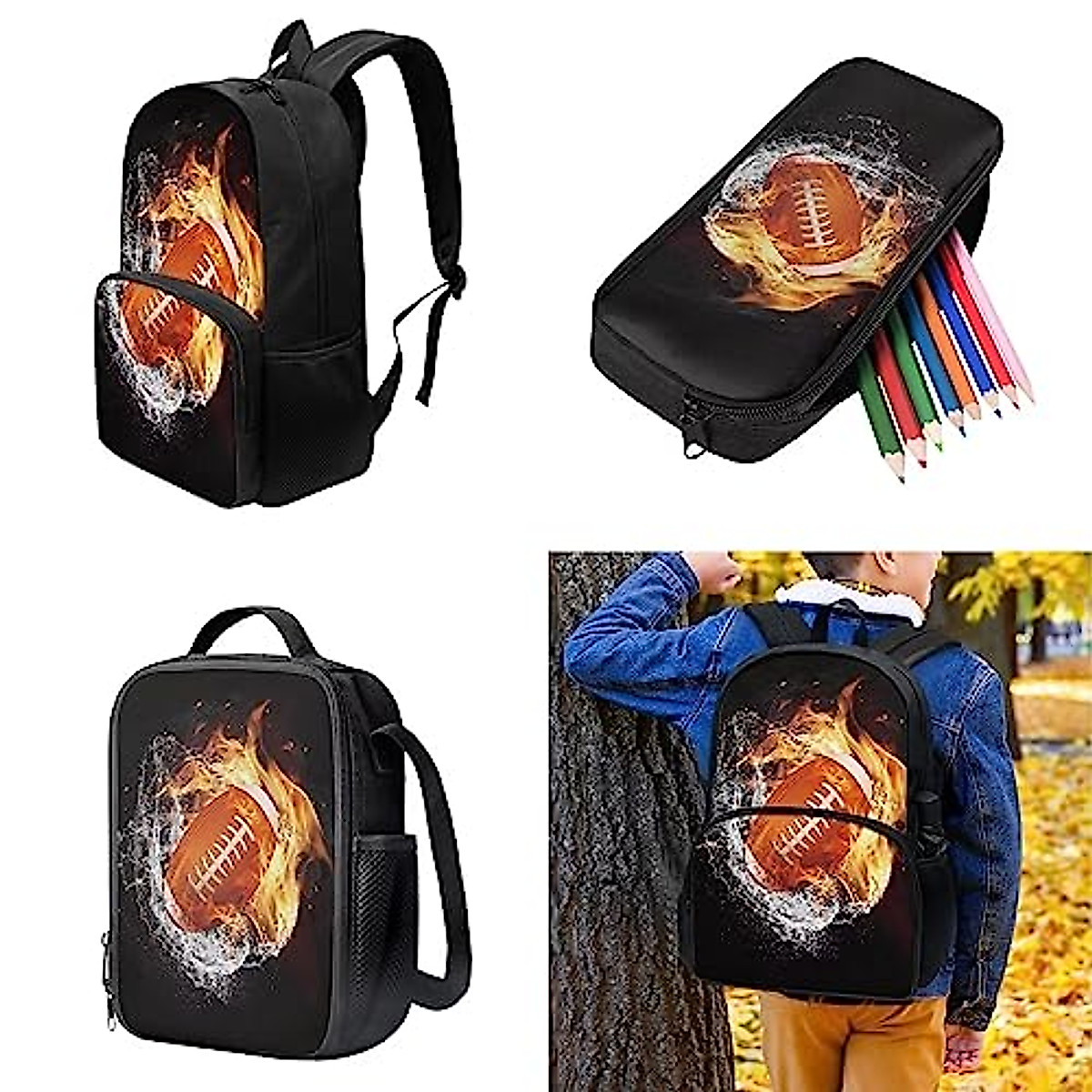 POLERO 3D Print American Football Schoolbag Boys Backpack for School Casual Daypack Travel Bookbag Lunch Box Pencil Case Sets