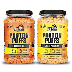 Twin Peaks Low Carb, Keto Friendly Protein Puffs, 1 Jug Garlic Parmesan Flavor Puffs + 1 Jug Nacho Cheese Flavor Puffs