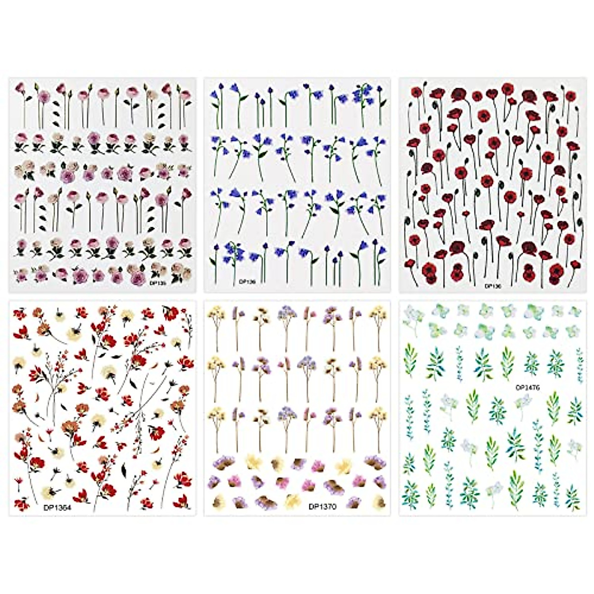 JMEOWIO 6 Sheets Spring Flower Nail Art Stickers Decals Self-Adhesive Pegatinas Uñas Summer Leaves Floral Nail Supplies Nail Art Design Decoration Accessories