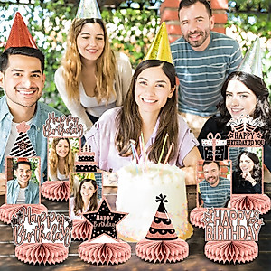 ZOiiWA 12PCS Rose Gold Birthday Decorations for Women Girls Happy Birthday Photo Honeycomb Centerpiece Black Rose Gold Photo Table Centerpiece Party Supplies 16th 30th 40th 50th 60th Bday Table Topper