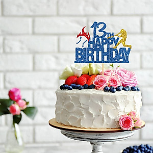 Baseball Themed 13th Birthday Cake Topper, Sport Baseball 13th Birthday Cake Decorations, Teenager Happy Birthday Party Supplies, Glittery Blue