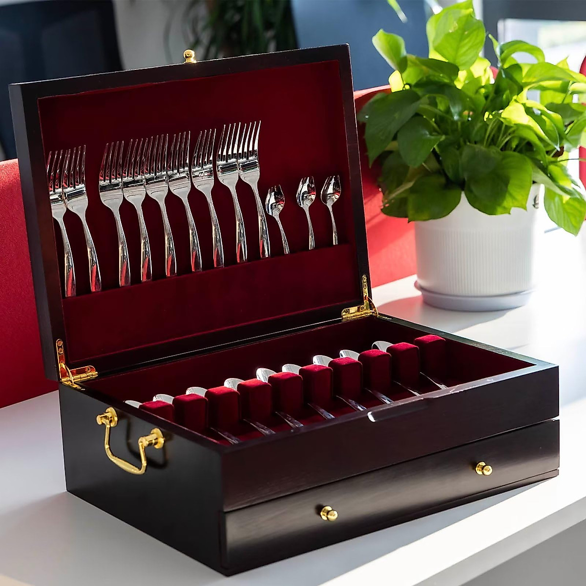 GENRICE Wooden Silverware Chest without Silverware Double-layer, Silverware Box Storage for Silver, Silverware Case with Handle and Felt Lined, Flatware Chest for 12 or 16 or more sets of Utensils