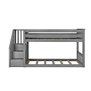 Max & Lily Low Bunk Bed, Twin-Over-Twin Bed Frame For Kids With Stairs, Grey
