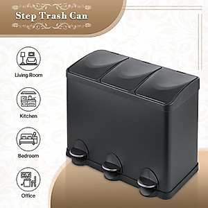Athena Collection 3 in 1 Trash Can with Lid Triple Step-on Trash Can 15 Liter Waste Bin 4 Gallon Trash Bin 3 Compartment Garbage Bin Inner Bucket with Handle for Kitchen, Living Room, Office, Black