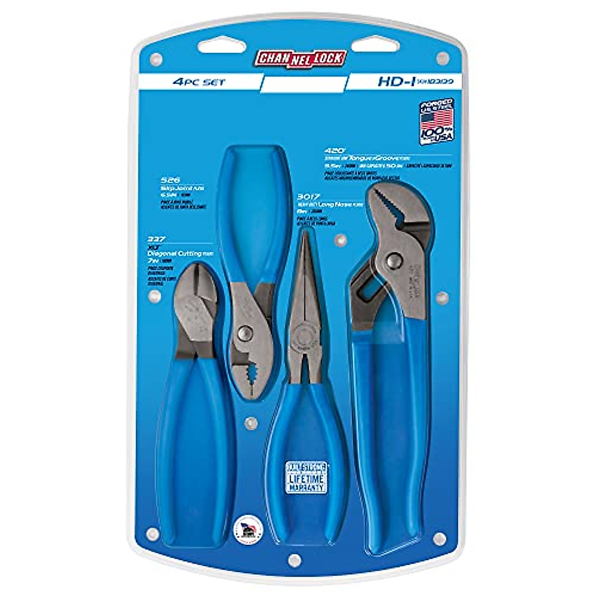 CHANNELLOCK HD-1 Ultimate 4-Piece Pliers Set | Made in USA | Forged High Carbon Steel | Includes Tongue & Groove, Diagonal Cutting, Long Nose and Slip Joint Pliers