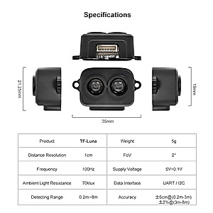 youyeetoo TF-Luna Lidar Sensor Kit, with 1x USB-TTL Adapter 1x Dupont Line, 0.2-8m Measurement Range Distance, Support Raspberry Arduino STM32 MCU for Drone Industrial Sensing Robot Smart Home
