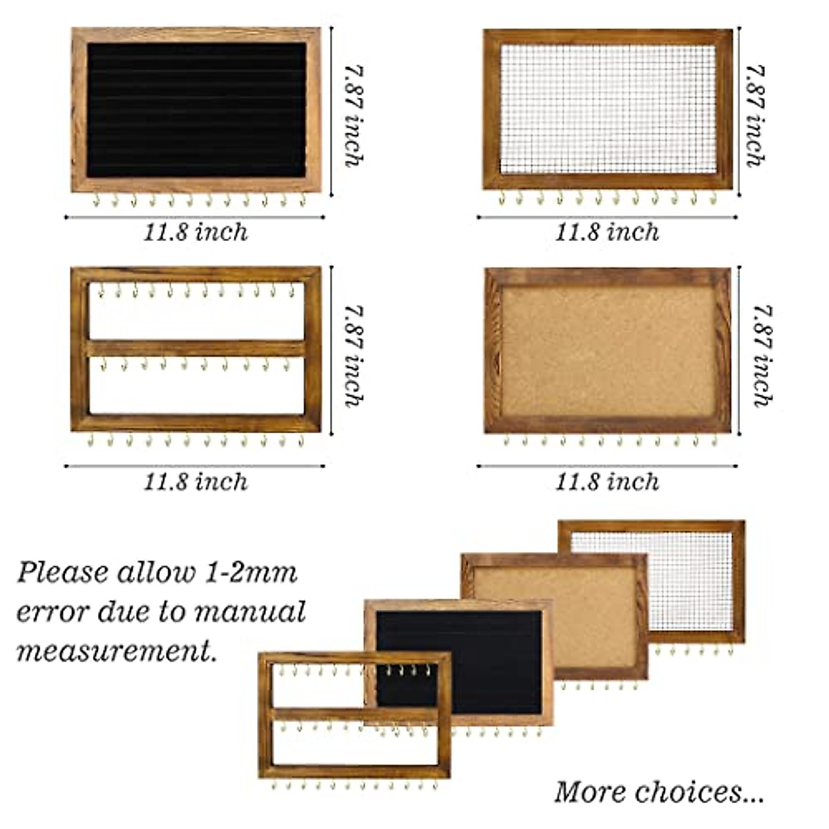 Jewelry Organizer Wall Mounted 4 Pack Rustic Wood Jewelry Display Organizer Holder with Hooks for Ear Rings, Necklaces and Bracelet(Hook + Stencil + Rings + Corkboard)