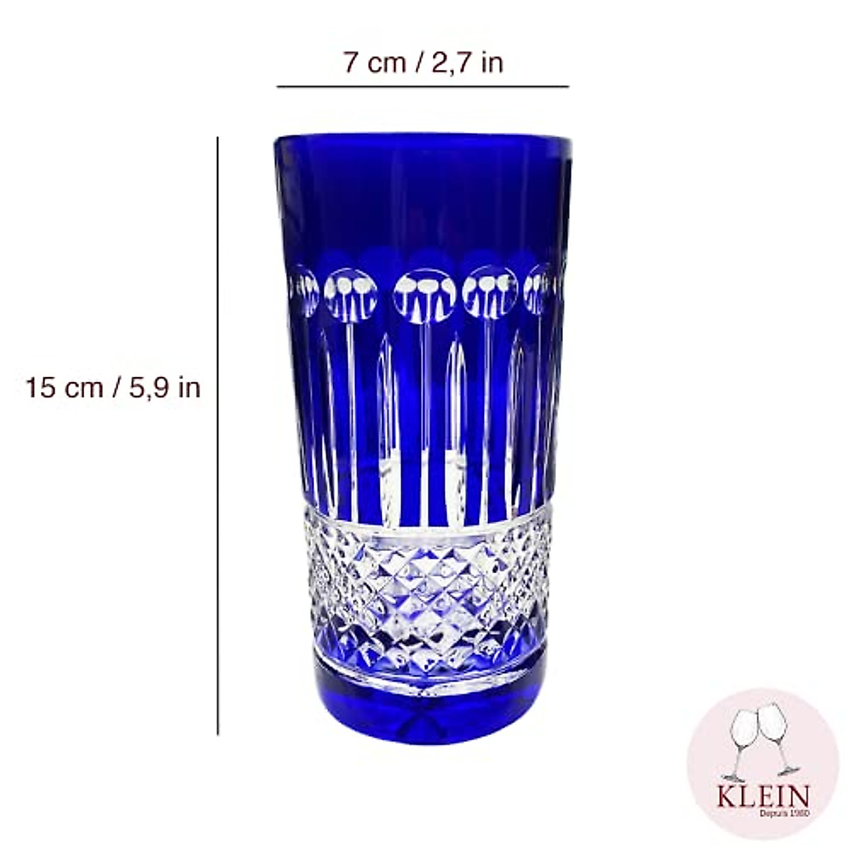 6 Aperitif Juice and Water Crystal Glasses - 6 Colors Assortment - Service Roemer Diamant (12 fl oz) - Klein House Artisan du Cristal - Gift set - Stamp : Klein 54120 Baccarat France