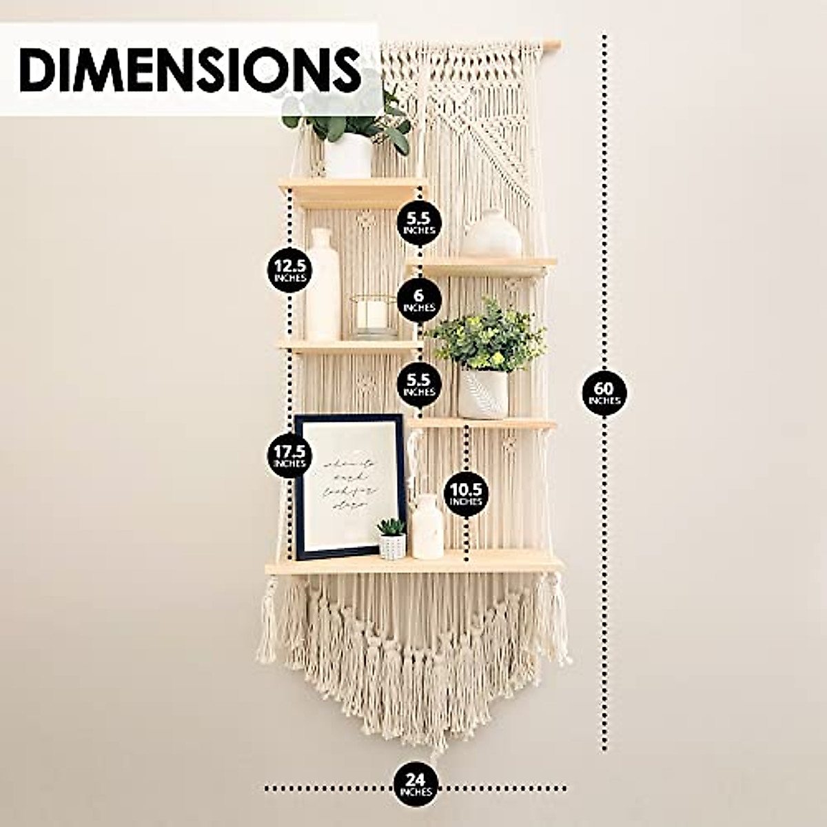 Macrame Wall Hanging Plant Decor Shelf, Tall Ladder Shelf, 5 Tier Indoor Handmade Plant Shelves, Large Boho White Beige Hanging Floating Hand Woven Rope for Bedroom, Bookshelf (60" H x 24" W)