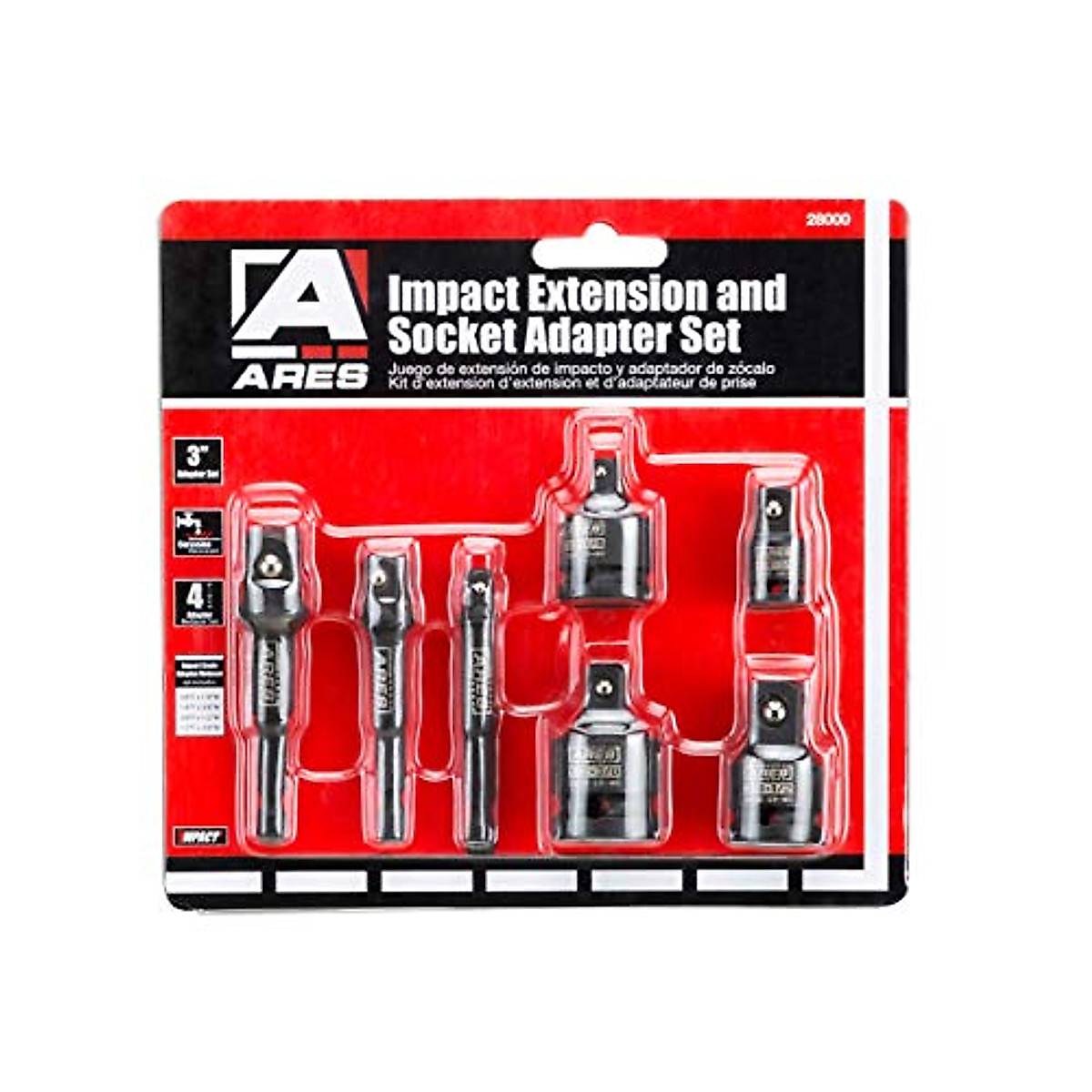 ARES 28000 - Impact 3-Inch Extension and Socket Adapter Set - Includes 3-Inch Extensions in 1/4-Inch Drive, 3/8-Inch Drive, and 1/2-Inch Drive, 2 Adapters, and 2 Reducers