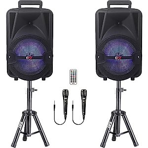 QFX PBX-800TWS 8-Inch TWS Bluetooth Stereo PA System with 2 8" Speakers, 2 Microphones, 2 Stands, and a Remote Control