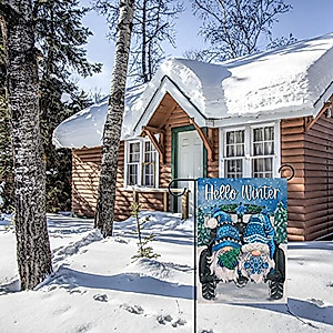 Covido Home Decorative Hello Winter Blue Gnome Garden Flag, Black Truck Yard Outside Decorations, Pickup Outdoor Small Decor Double Sided 12x18