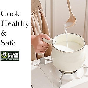 Enamel Milk Pan with Lid,2.1 Quarts Saucepan Butter Warmer with Effortless Handle, Healthy Soup Pot Cookware (White)