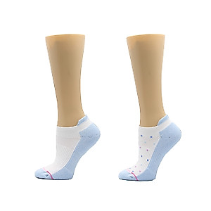 Dr. Motion Womens Low Cut Cushioned Breathable Compression Ankle Socks with Arch Support 6 Pairs (White/Blue Dots)