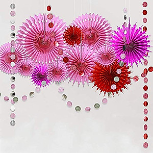 Rose Red Pink Party Decorations Hanging Pom Pom Paper Fan Glittering Circle Dot Garland Streamer Backdrop Girls Room Party Birthday Wedding Shower Bridal Shower Bachelorette Anniversary Decor