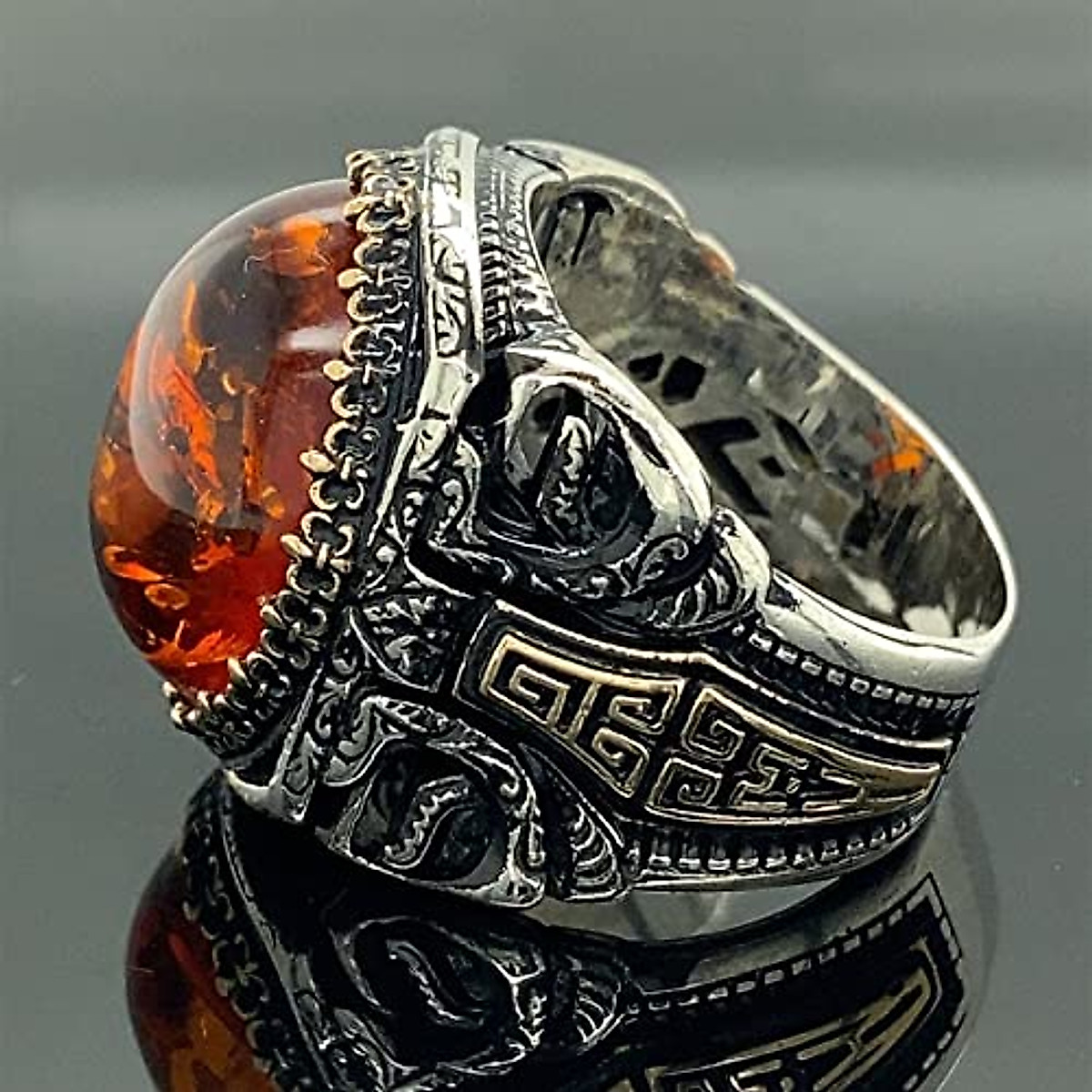 Mens Handmade Ring, Amber Stone Ring, Honey Amber Ottoman Mens Ring, Natural Stone, Men Ring, Gift for Him, 925k Sterling Silver Ring