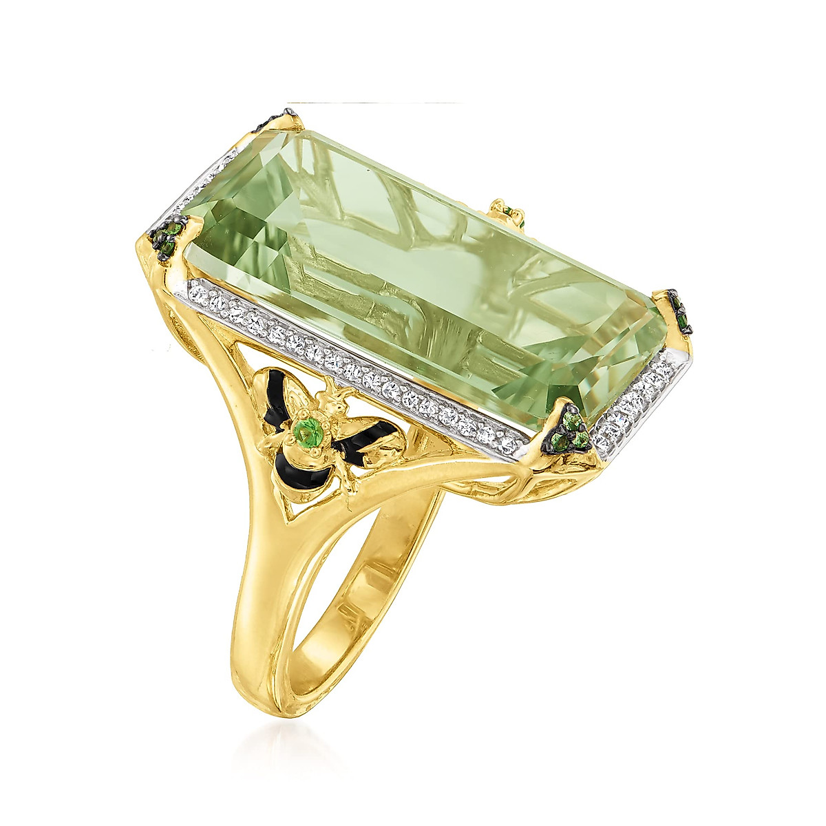 Ross-Simons 16.00 Carat Prasiolite and .20 ct. t.w. White Topaz Bumblebee Ring With Black Enamel in 18kt Gold Over Sterling. Size 7