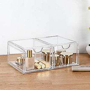AMEITECH Stackable Cosmetic Organizer Drawers, Acrylic Clear Makeup Organizer, Vanity Container Drawer for Cosmetics, Skin Care, Hair Accessories, Bathroom Counter or Dresser - Set of 2