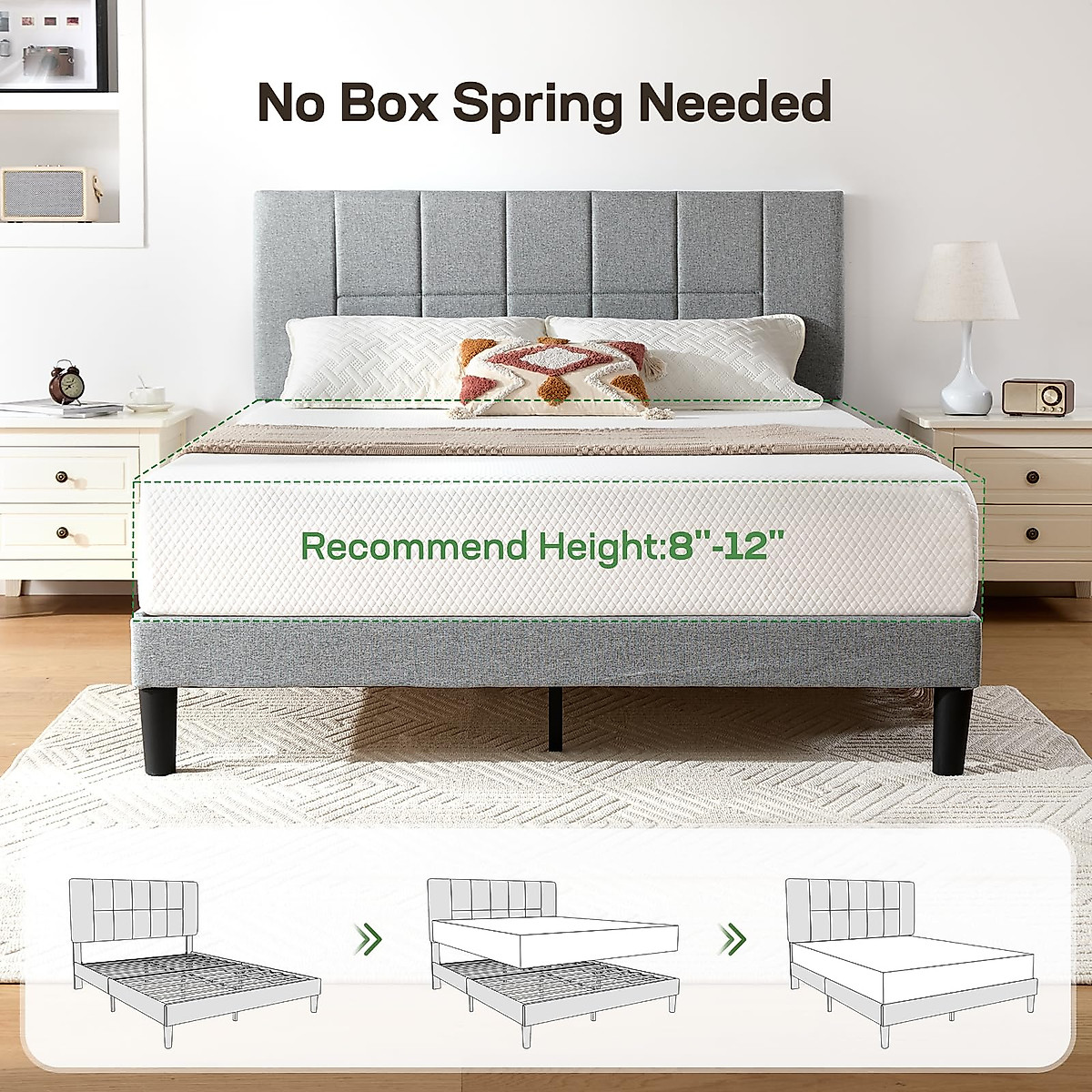 Marsail Upholstered Platform Bed Frame, 1000 lbs Weight Capacity, Sturdy Queen Size Bed Frame with Space for Under-Bed Storage, Easy Assembly, No Box Spring Needed, Fits 8”-15” Mattresses