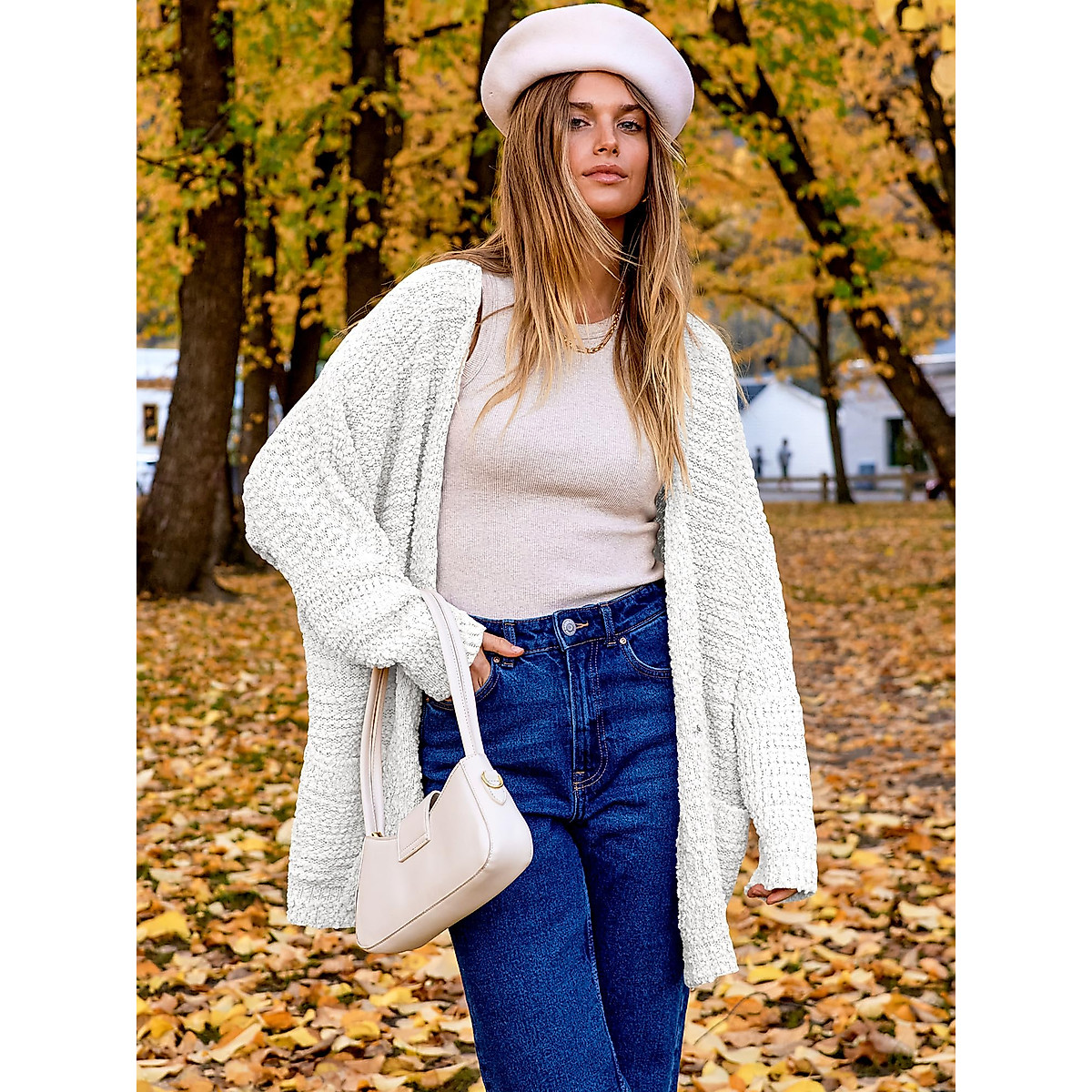 ANRABESS Women Open Front Fuzzy Batwing Sleeve Lightweight Oversized Loose Cozy Knit Cardigan Sweaters 2024 Fall Outfits White X-Large