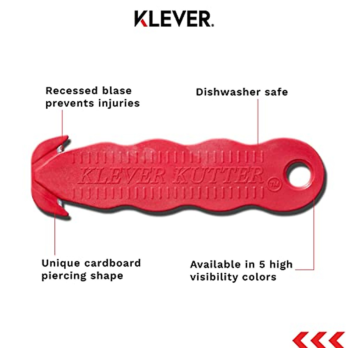 Klever Kutter, NSF Certified for Non-Splash Zone, Klever Innovations Stainless Steel Package Opener, Safety Cutter, Utility Knife, Red, 20/pk (KCJ-1RSS)