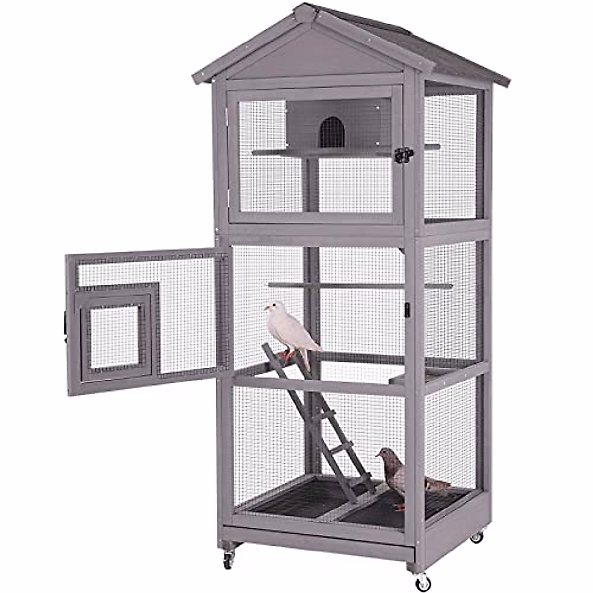 Aivituvin Outdoor Bird Cage Large Wooden Bird Aviary with Perch for Parakeet,Macaw and Any Small Birds,Wire Netting Above The Tray,Prevent Escape