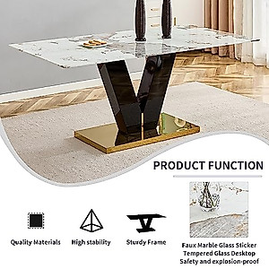 78’’ Modern Glass Dining Table for 8, Large Rectangular Dining Room Table with V-Shaped Bracket and Metal Base, Minimalist Kitchen Table for Restaurant, Meeting Room, Marble-Inspired Glass Desktop