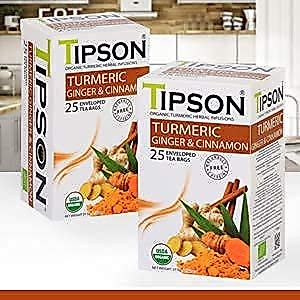 Tipson Organic Turmeric Herbal Infusions - Turmeric Ginger and Cinnamon - Caffeine Free, Non GMO, Gluten Free - 25 Premium Tea Bags (Pack of 1)