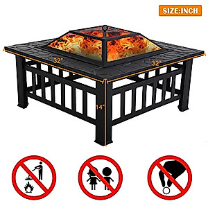 Outdoor Fire Pit 32 Inch Square Metal Firepit with Charcoal Rack& Spark Screen, Heavy Duty 3 in 1 Fireplace Backyard Patio Garden Stove for Camping, Outdoor Heating, Bonfire and Picnic