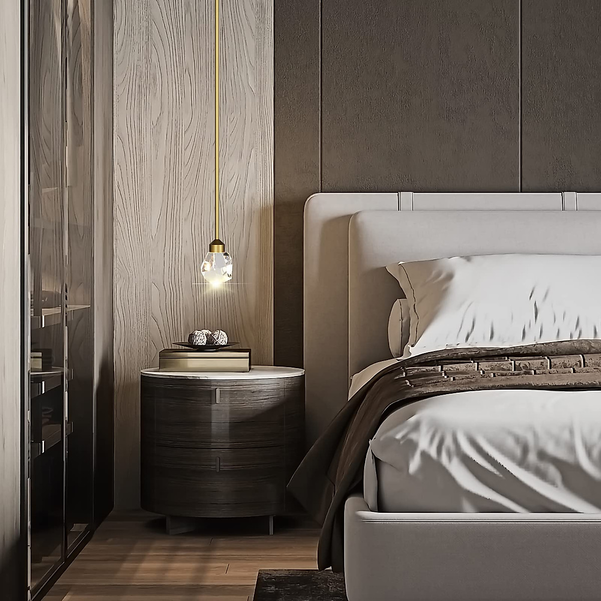 Crystal Pendant Light Gold Finish 1-Light Modern Crystal Pendant Light Brushed Brass Mini Hanging Pendant Light Dimmable Integrated LED Pendant Light Fixture with Crystal Glass Single Pendant Light