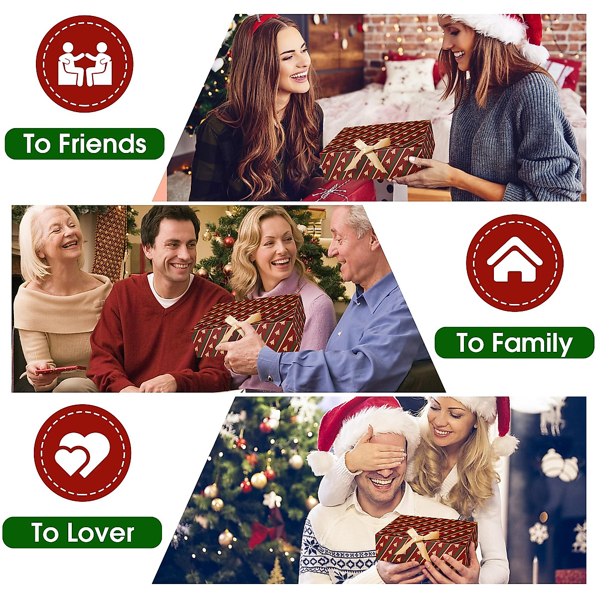 SWANGSA 12 Set Christmas Gift Box with Lids, 10.6''x8''x3'' Kraft Paper Gift Box, Christmas Tree Present Candy Cookie Boxes with Ribbon and 70pcs Adhesive Dots, for Holiday Party Favor Supplies