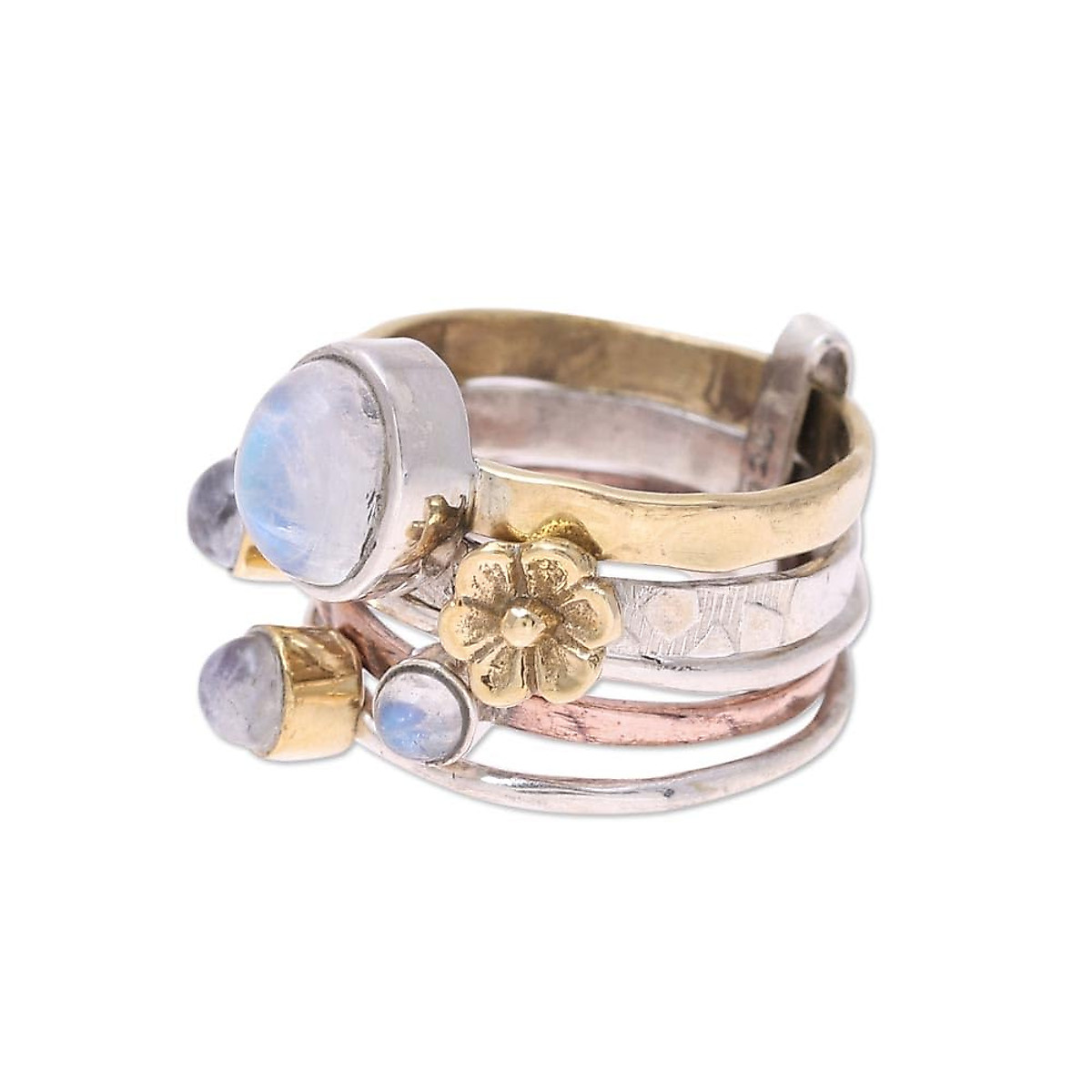 NOVICA Artisan Handmade Rainbow Moonstone Cocktail Ring Mixed Metals Floral from India Copper .925 Sterling Silver Brass Clear Multi Gemstone 'Rain Flowers'